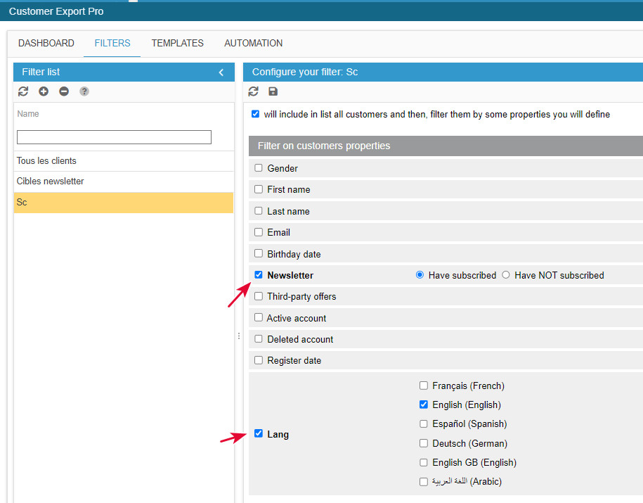 How to create a list of filtered customers? prestashop